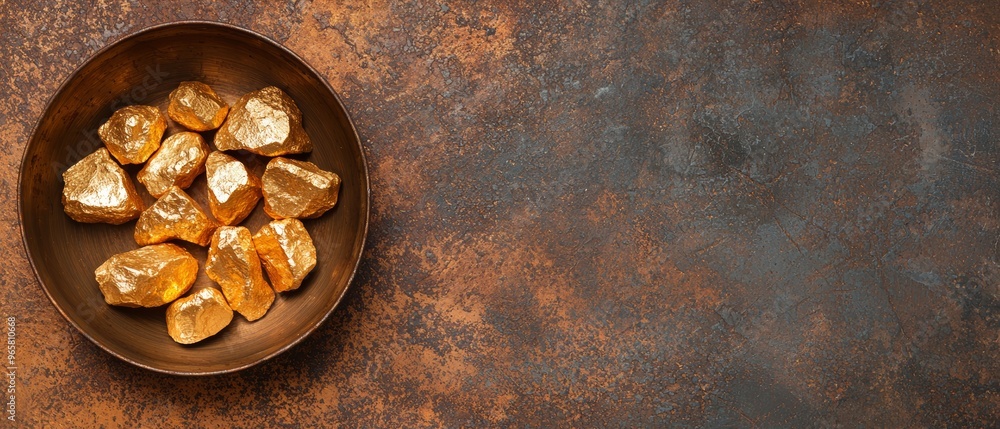 Gold nuggets spread on a textured rusty metal surface, with a gold pan ...