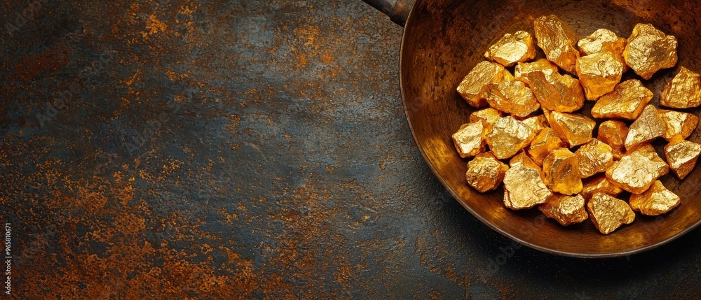 Gold nuggets spread on a textured rusty metal surface, with a gold pan ...