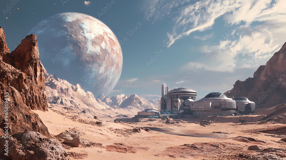 Panoramic 3d rendering of a fantasy sci-fi outpost on a remote alien ...