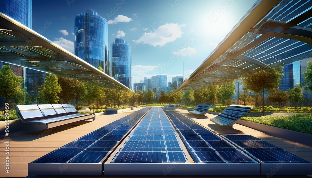 Design a high-tech urban park featuring solar panels, smart benches ...