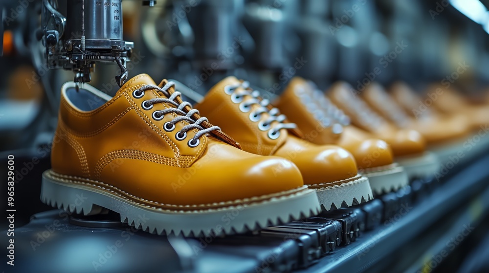 A close-up view of yellow leather boots on an automated assembly line ...