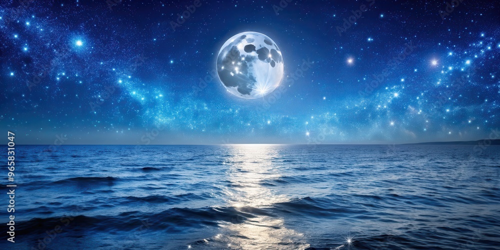 Night time ocean view with a full moon and sparkling stars , night ...