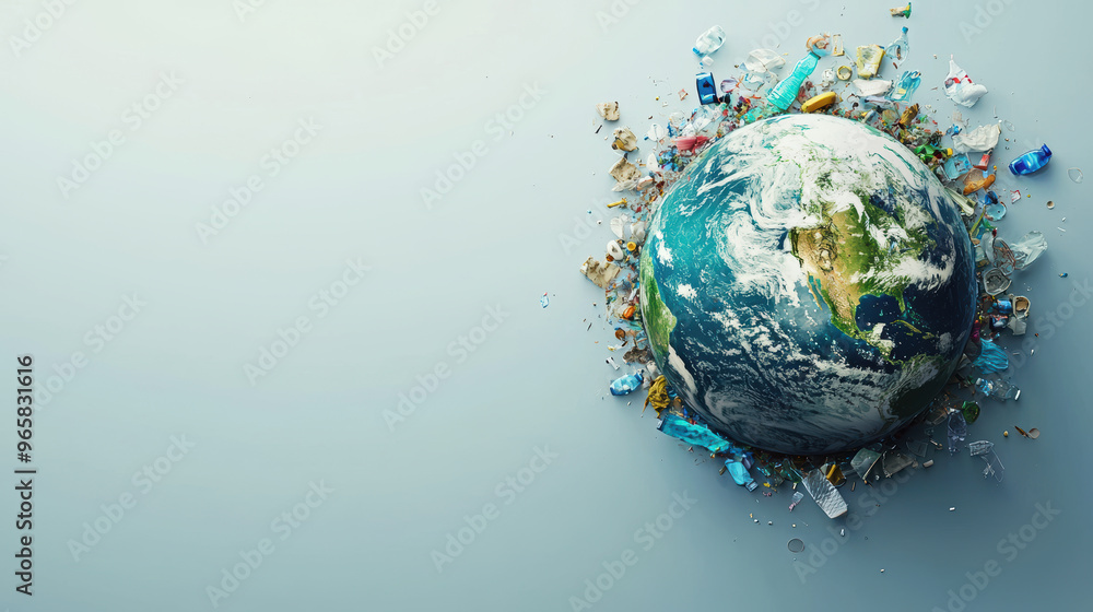 image depicts polluted planet surrounded by plastic debris ...