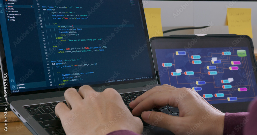 DEV desktop PC screen in AI code in IT developer skill job career typing RPA robotic text line ...