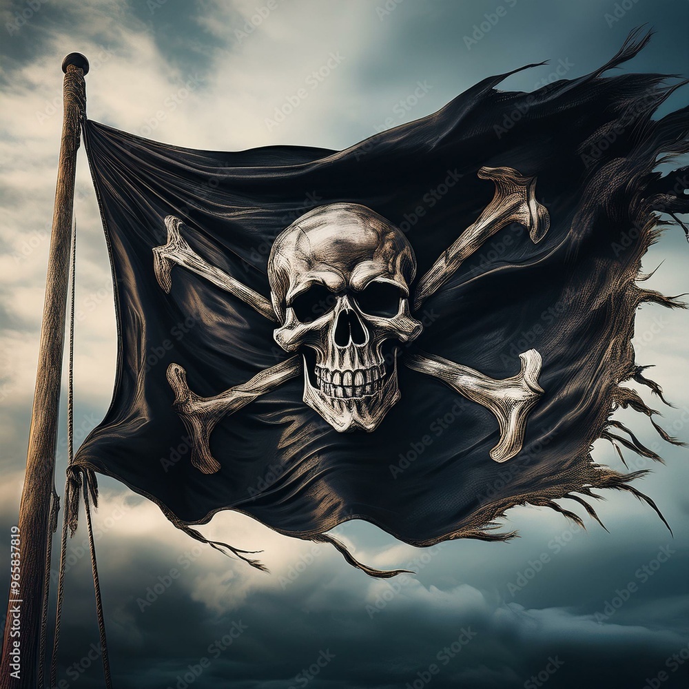 A tattered black pirate flag with a skull and crossbones design ...