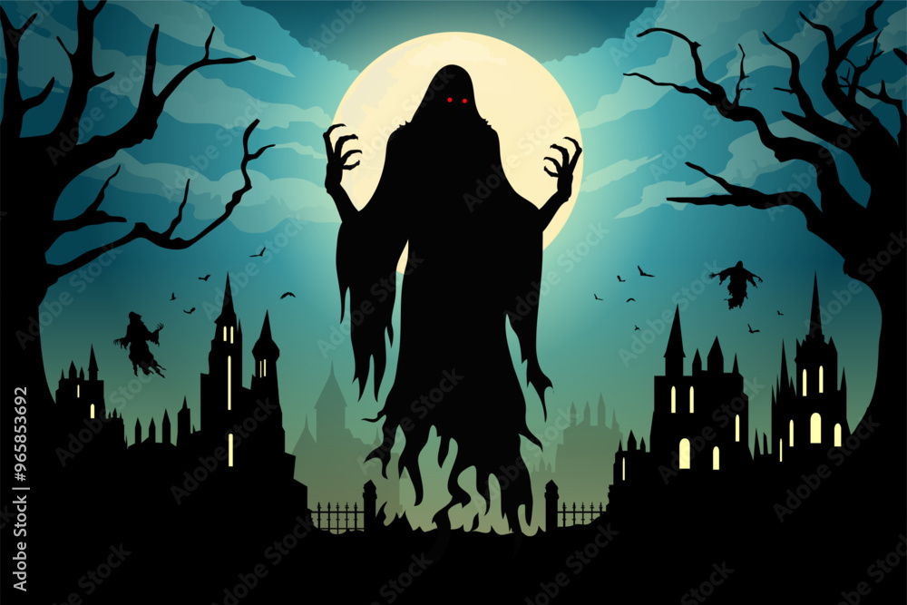 Evil spirit wearing Black Cloaks front of castle at full moon night ...