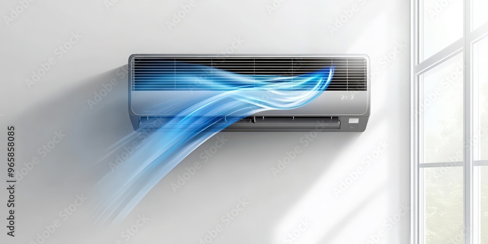 Air conditioner handing on wall and conditioning ventilator on window ...