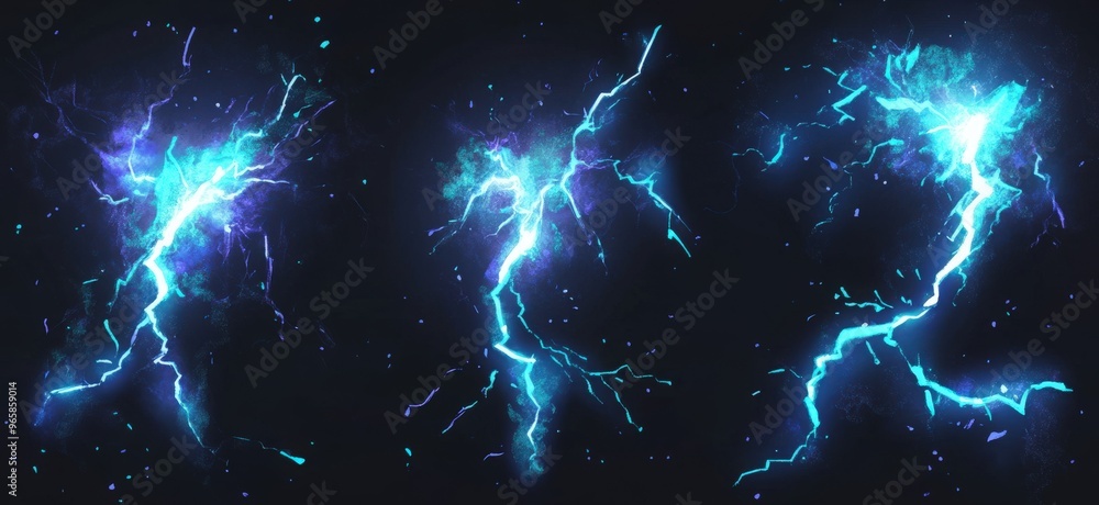 Lightning bolt hit into ground vfx effect. Blue electric or magic ...