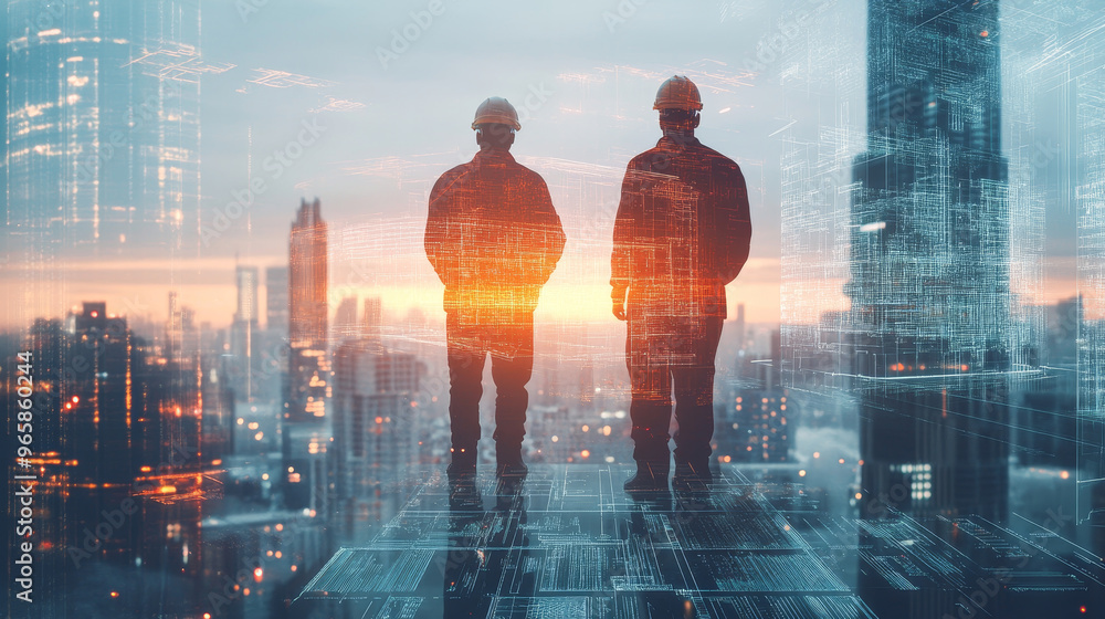 Innovative construction workers observe futuristic city skyline at ...