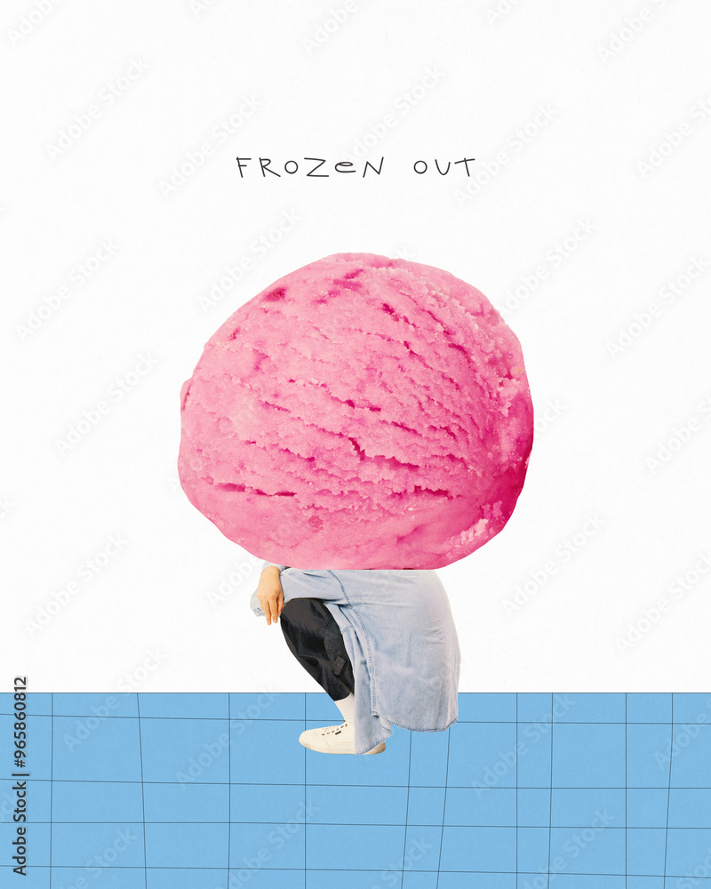 Poster. Contemporary art collage. Frozen Out. Person with ice cream ...