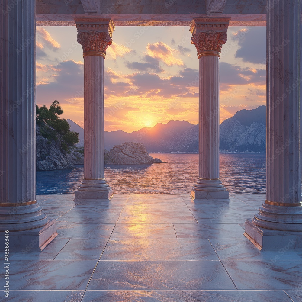 an ancient Greek temple at sunset, showcasing its classical ...
