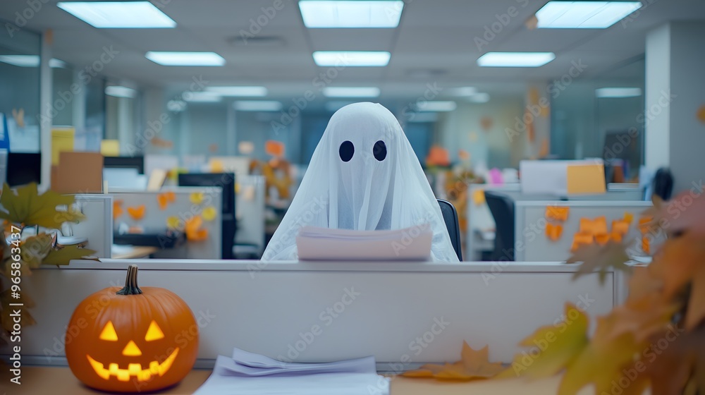 Ghost costumed employee working at their desk surrounded by Halloween ...