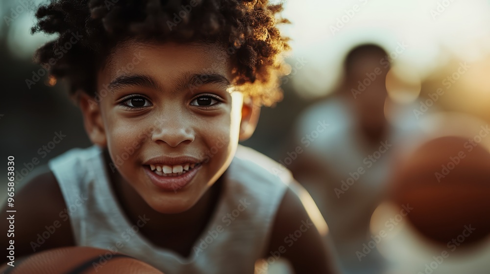 Happy boy playing basketball at sunset outdoors, radiating joy and ...