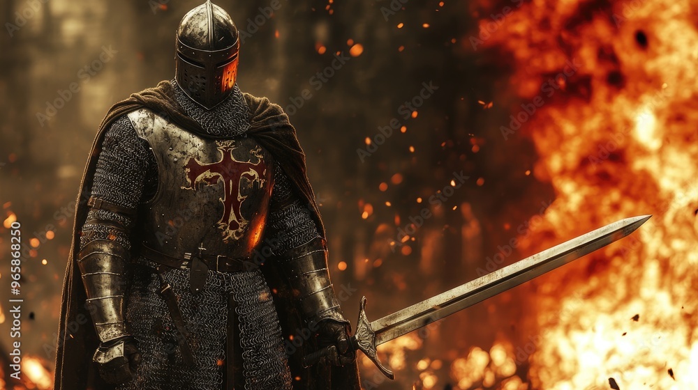 A medieval knight wielding his sword in battle, with a background of ...