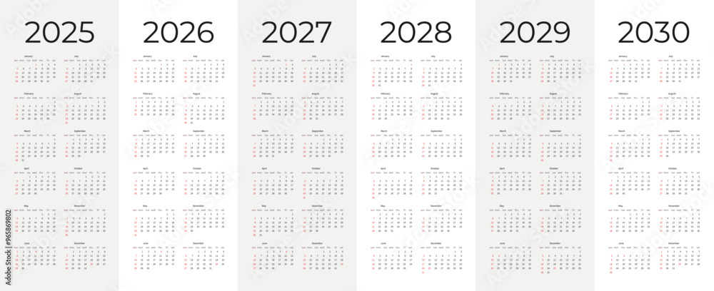Simple calendar set for 2025 2026 2027 2028 2029 2030 years. Editable ...