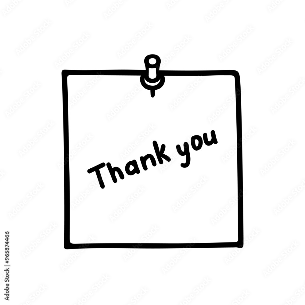 Note paper with thank you message and push pin, line hand drawn doodle ...