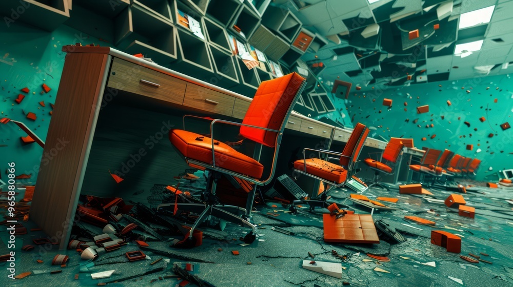 an office building sinking into the ground, warped and twisted ...