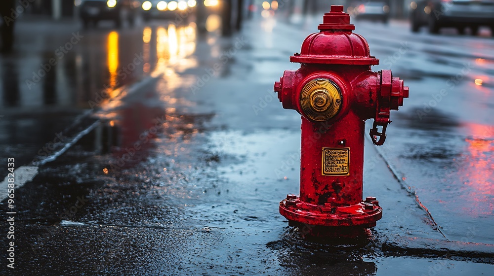 A red fire hydrant stands on a wet city street after a rain shower. The ...