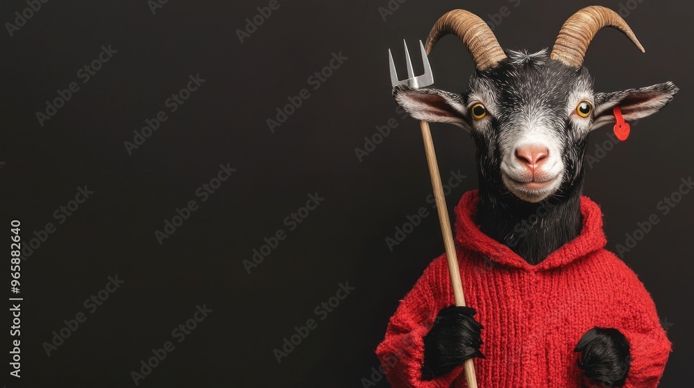 Goat in a devil costume with tiny horns and a pitchfork, devil goat ...