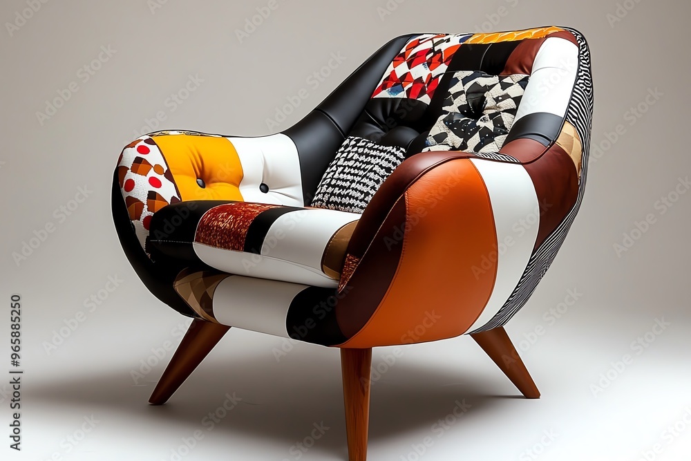 Retro chair with patchwork upholstery combining various fabrics and ...