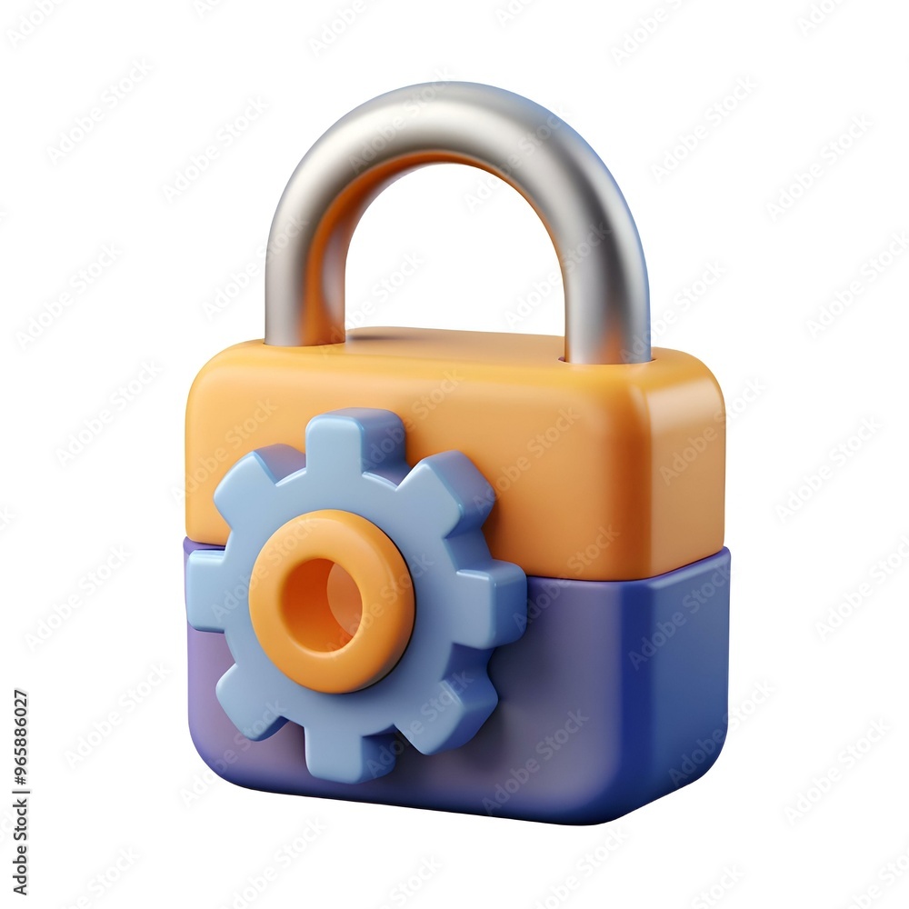 3D illustration of a stylized padlock with a gear embedded in it ...