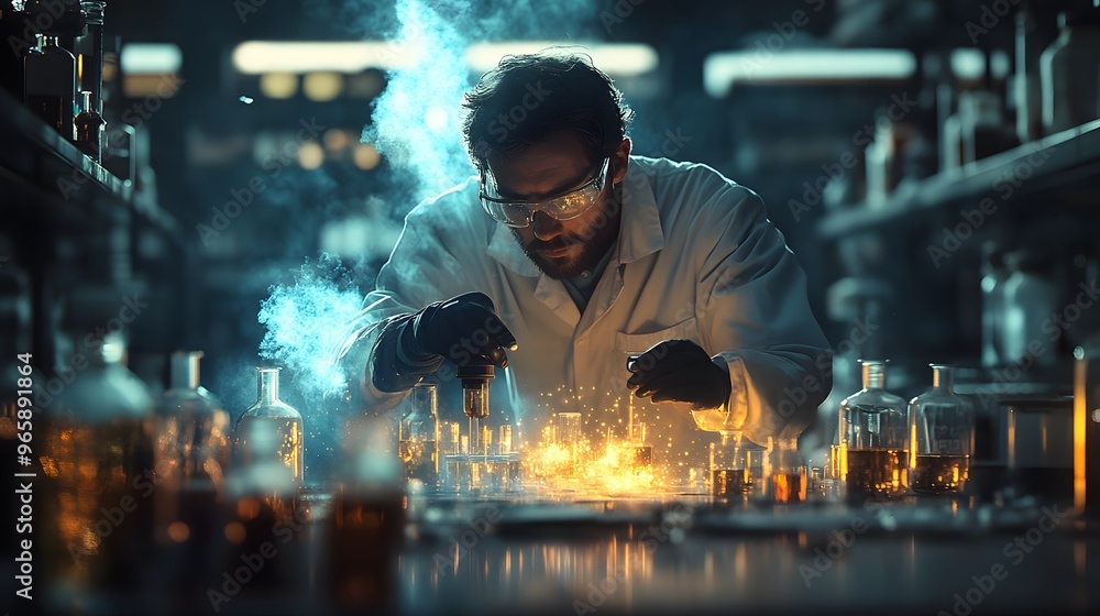 Scientist working with hazardous chemicals in a surreal laboratory ...