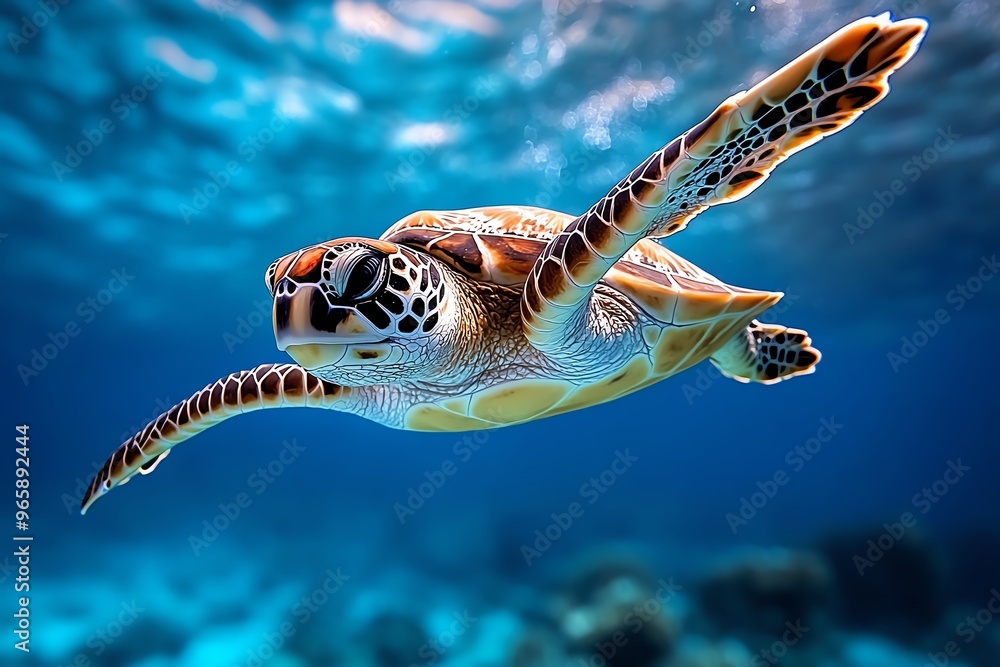 Turtle diving deep into the ocean, disappearing into the blue depths as ...