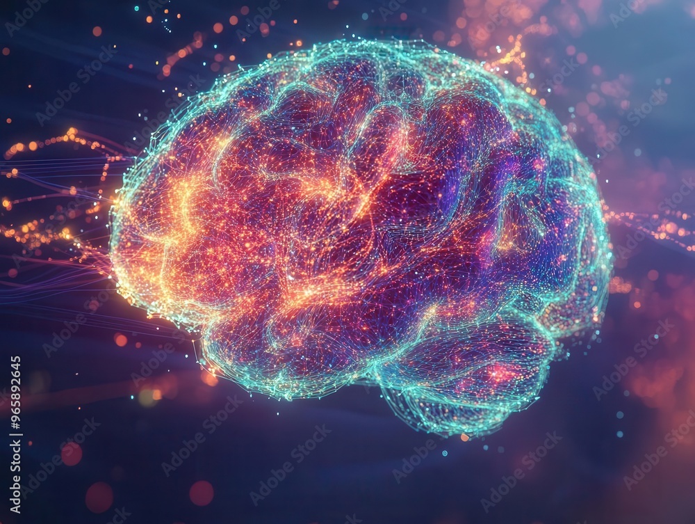 3d rendering of human brain with glowing neural network vibrant colors highlight synaptic ...