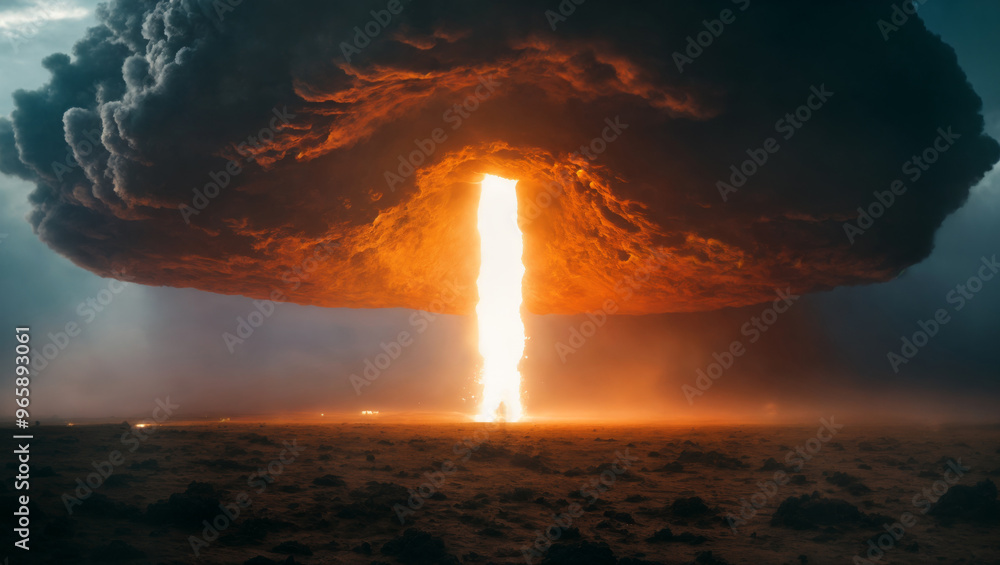 fiery explosion erupts from the earth, sending a massive mushroom cloud ...