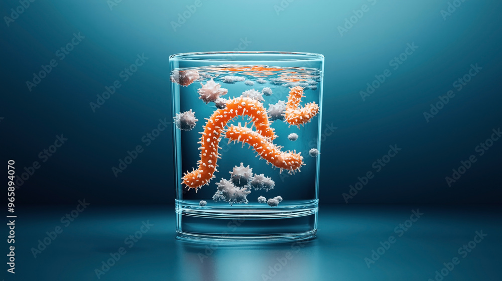 A glass of water containing microscopic bacteria and viruses. The glass ...