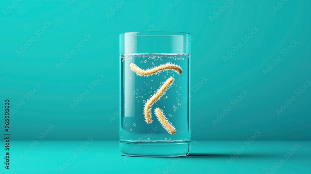 Yellow, spiky worm-like objects suspended in a clear glass of water ...