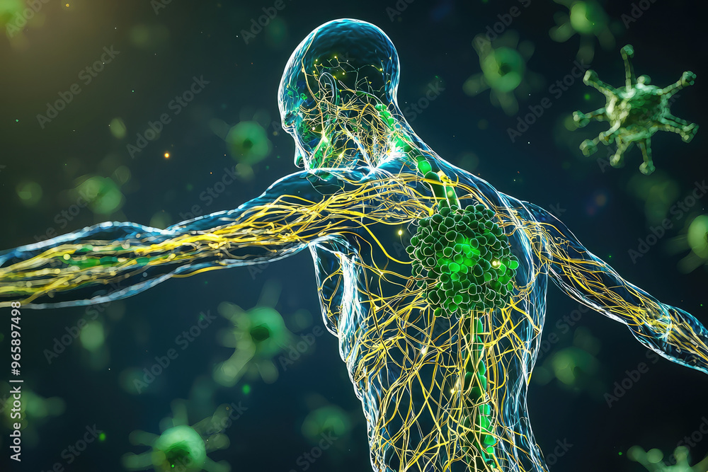 image depicts detailed representation of lymphatic system, showcasing ...