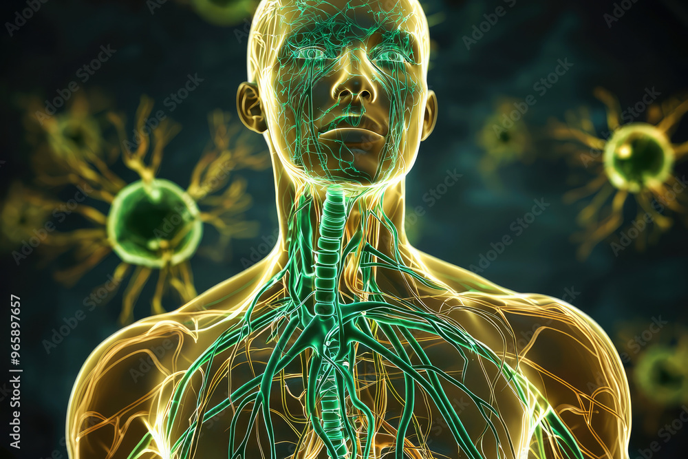 image depicts detailed representation of lymphatic system, highlighting ...