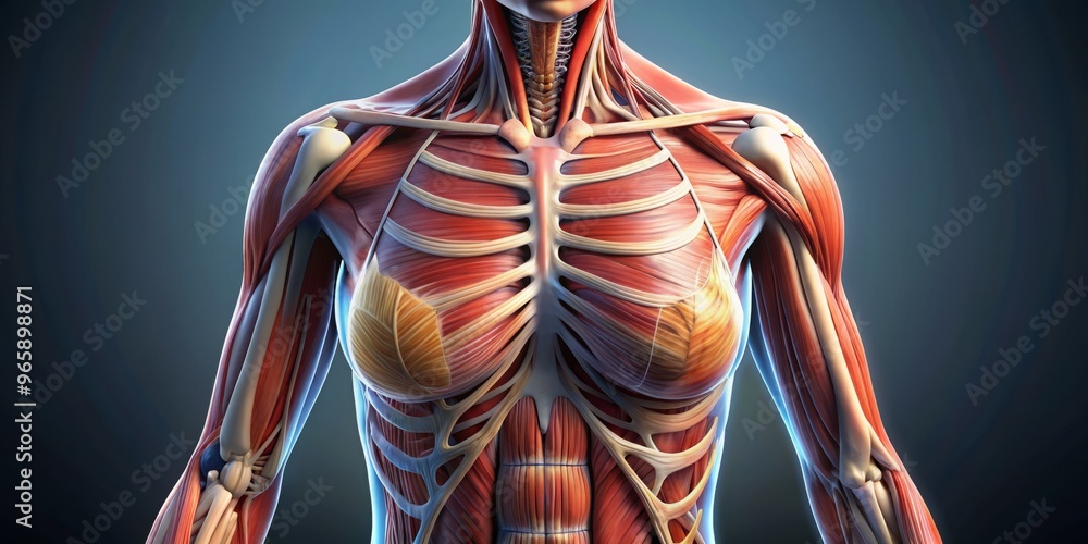 female torso anatomy with rib cage highlighting bony structures and ...
