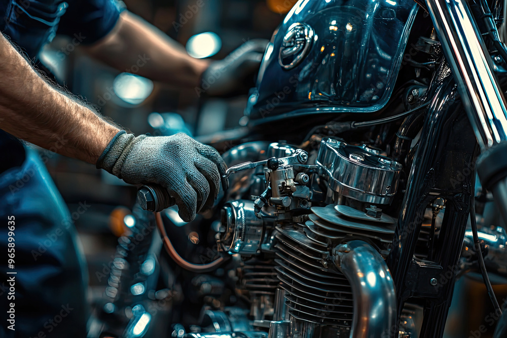Mechanic performing tune up on motorcycle, showcasing precision and ...