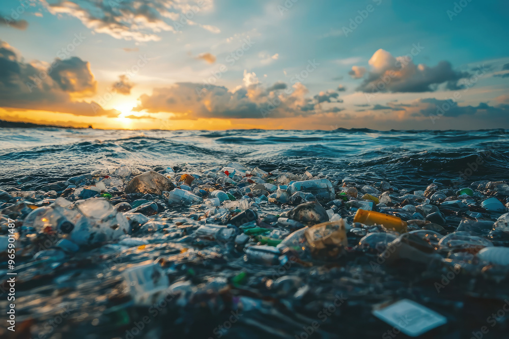 image depicts plastic pollution and waste in ocean, highlighting ...