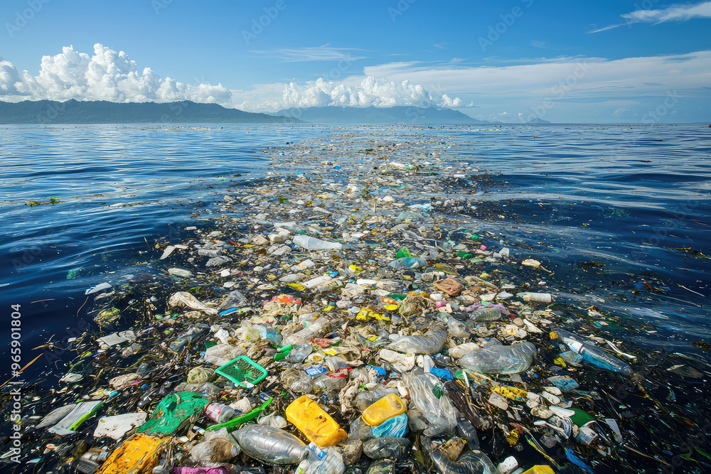 image depicts plastic waste accumulating in ocean, highlighting ...