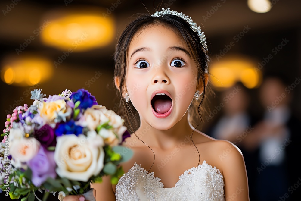 Girl caught the bouquet, her face lighting up with surprise and joy as ...