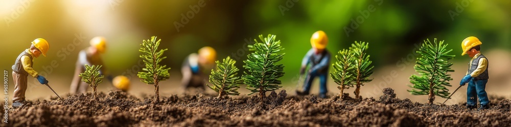 Miniature Workers Planting Trees: Sustainable Future Vision. Tiny ...