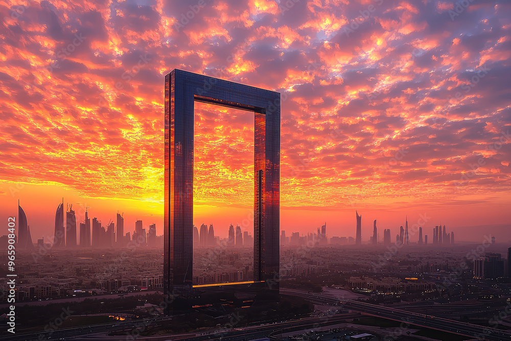 Dubai Frame at sunrise showcases stunning view of city skyline, framed ...