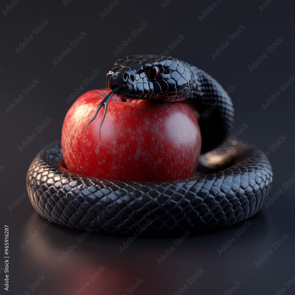 Symbolic imagery of the forbidden fruit: apple and serpent. Snake encircling a red apple. Adam ...