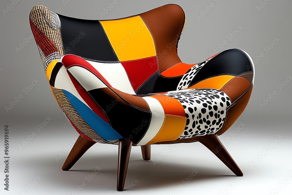 Retro chair with patchwork upholstery combining various fabrics and ...