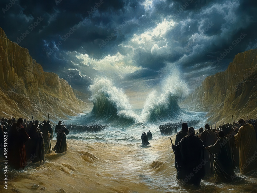 biblical scene of moses parting the red sea dramatic waves frozen ...