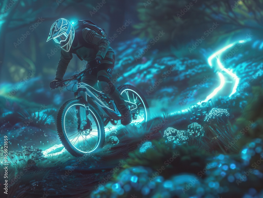 bioluminescent mountain bike trail glowing flora rider with lighttraced ...