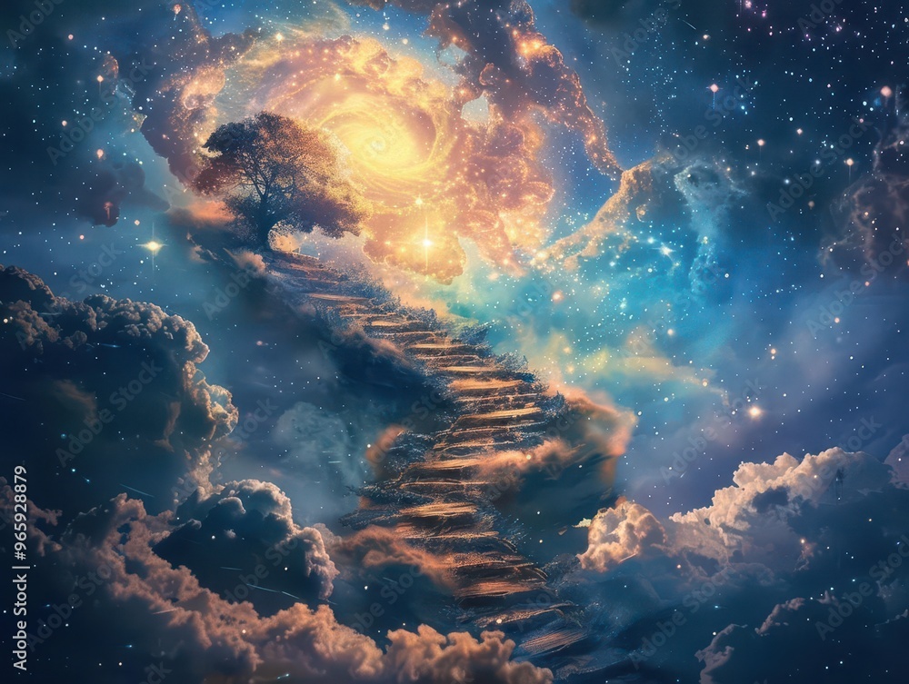 celestial staircase spiraling through clouds and nebulae each step is a ...