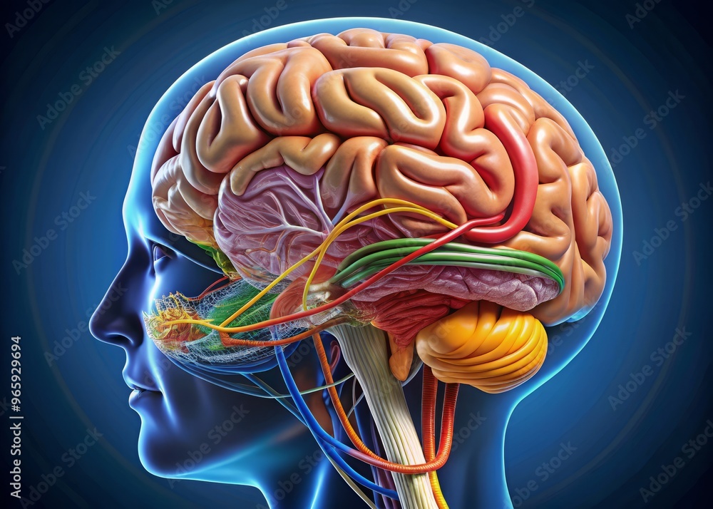 illustration of brain anatomy with detailed labeling and a focus on ...