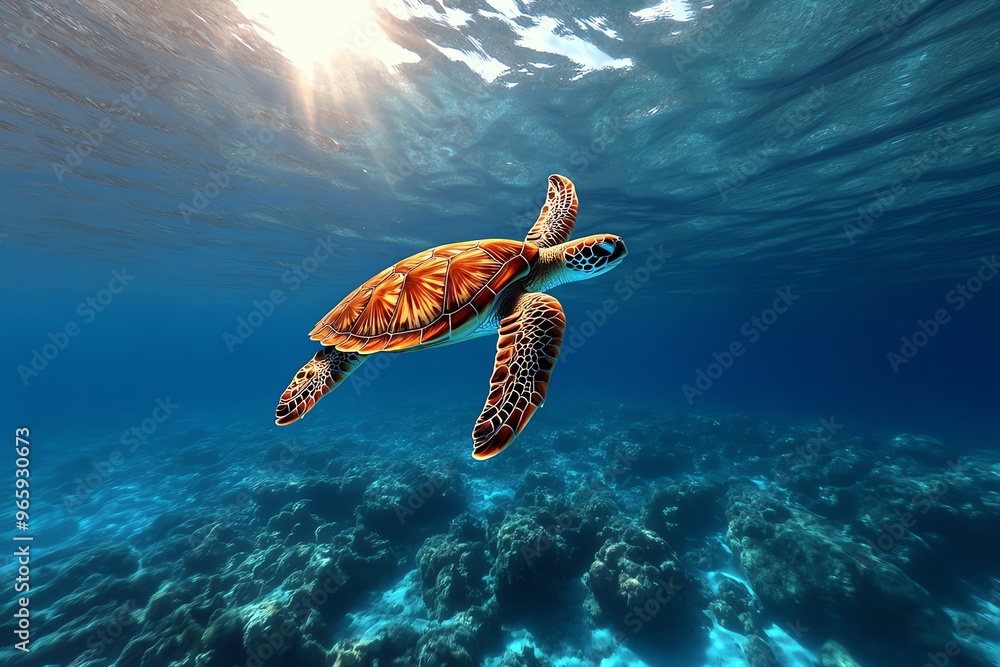 Turtle diving deep into the ocean, disappearing into the blue depths as ...