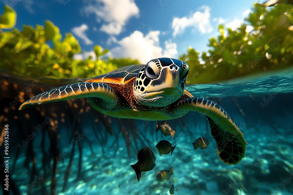 Turtle swimming through a mangrove forest, weaving between the roots as ...