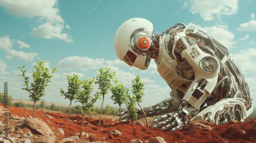 Surreal artwork showing an AI robot planting trees in a desolate ...