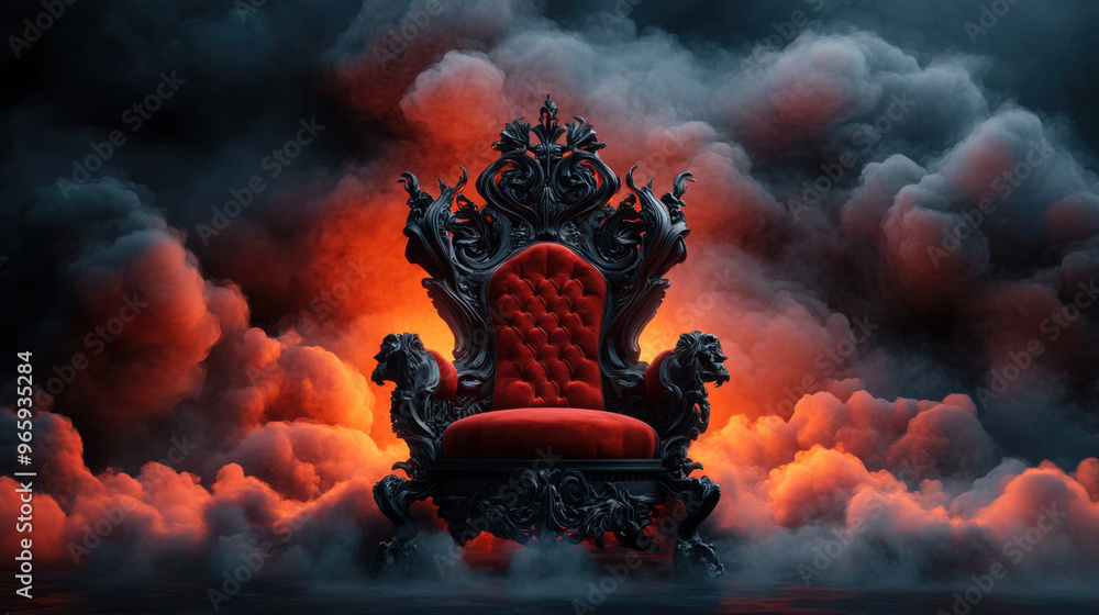 Dramatic black throne with intricate carvings and red velvet seat ...